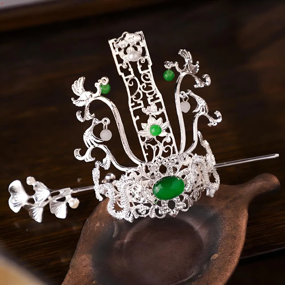 Диадема корона для волос в древнем придворном стиле с зелеными камнями
