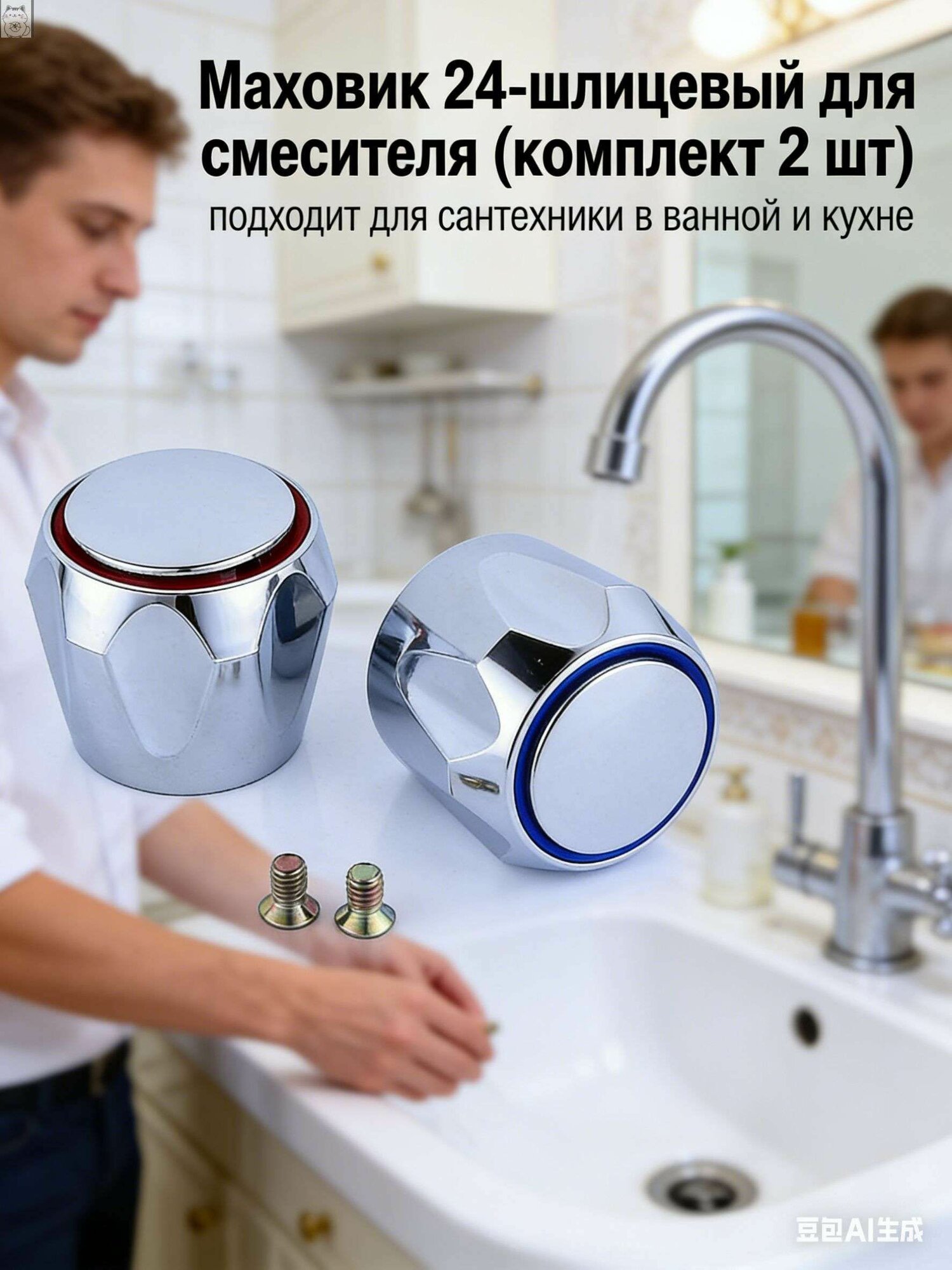 Ручки смеситель пластиковые, красный+синий (комплект 2 шт), подходит для сантехники в ванной и кухне