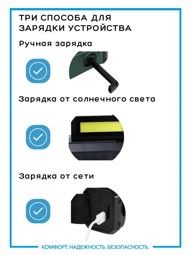 Многофункциональное походное устройство Динамофонарь 8 в 1 с солнечной батареей, радио FM/AM, фонарем, лампой для чтения и SOS сигнализацией — фото 1