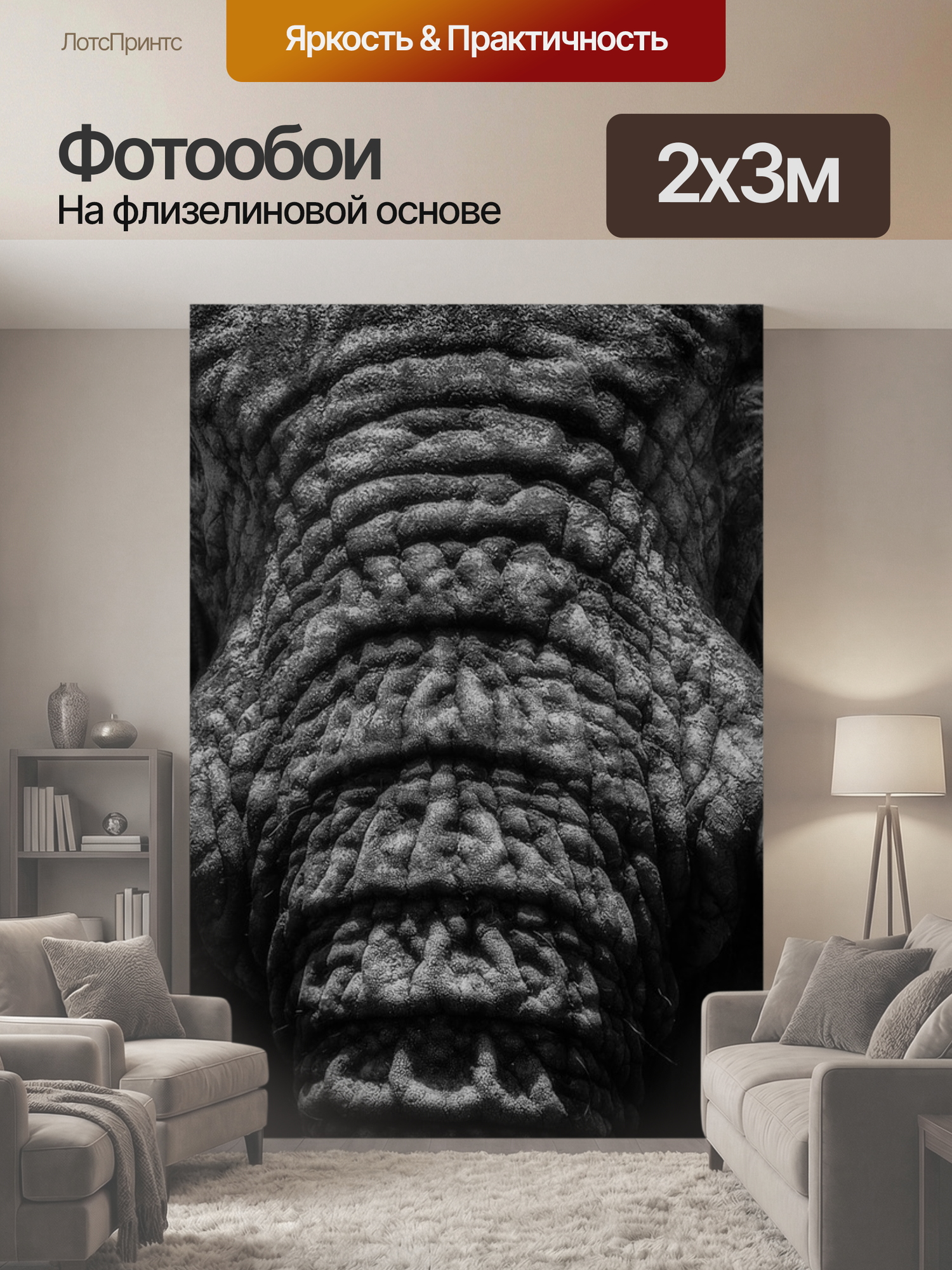 Фотообои "Слон, закрыть, черное и белое" 200x300 см. экосольвентная печать