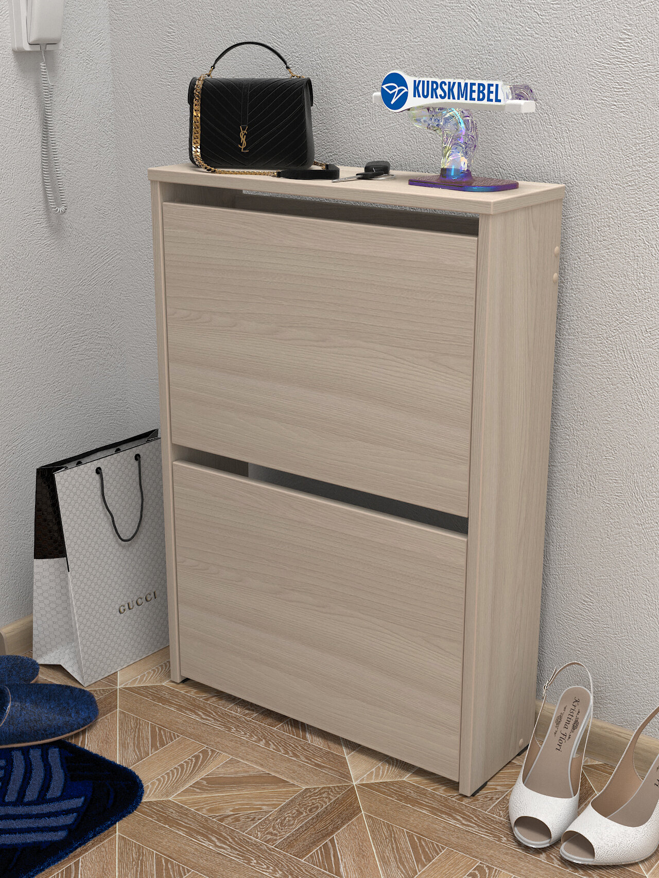 Обувница узкая с откидными дверцами в цвете ясень шимо светлый, Курскмебель