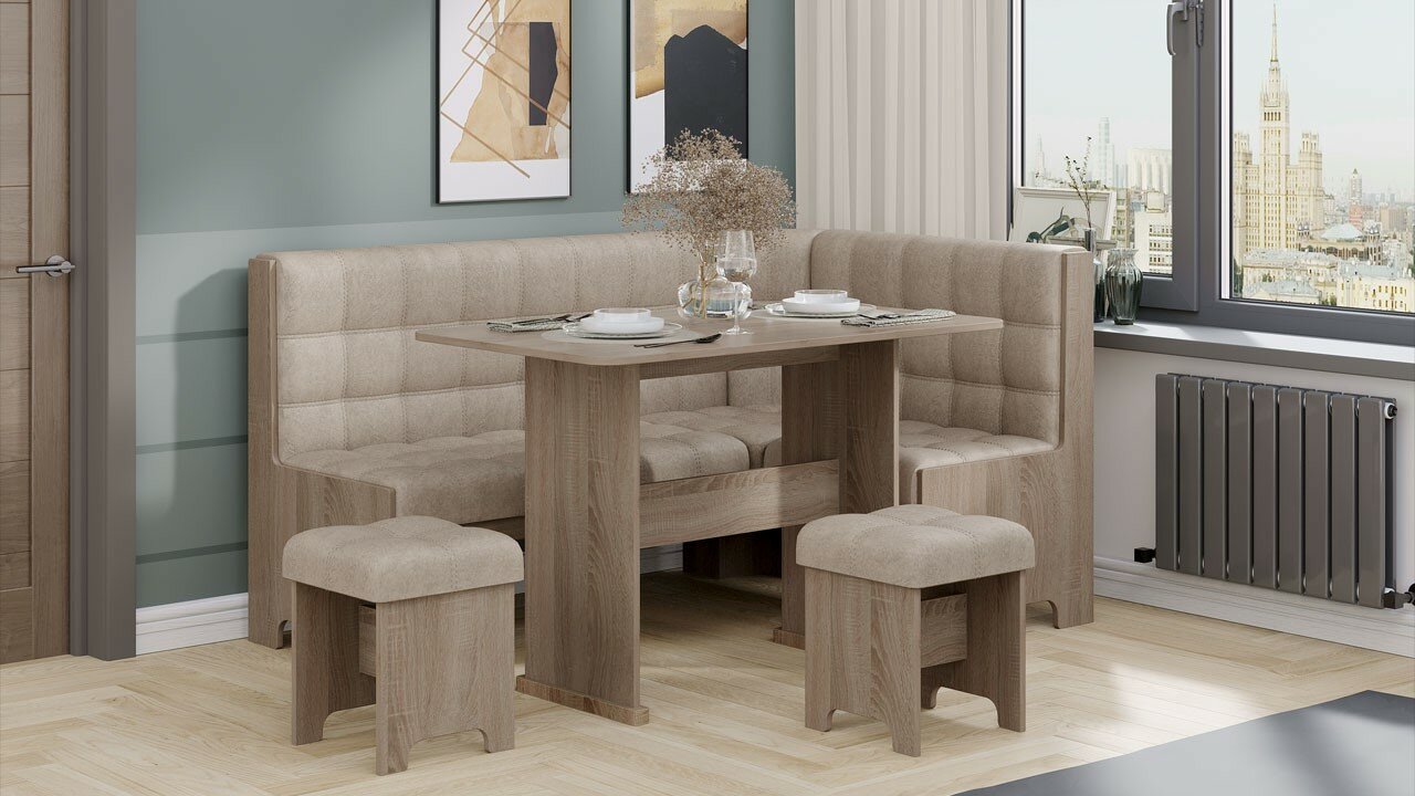 Кухонный уголок со столом "Флорида", Дуб Сонома трюфель, Микровелюр Wellmart Dark Beige