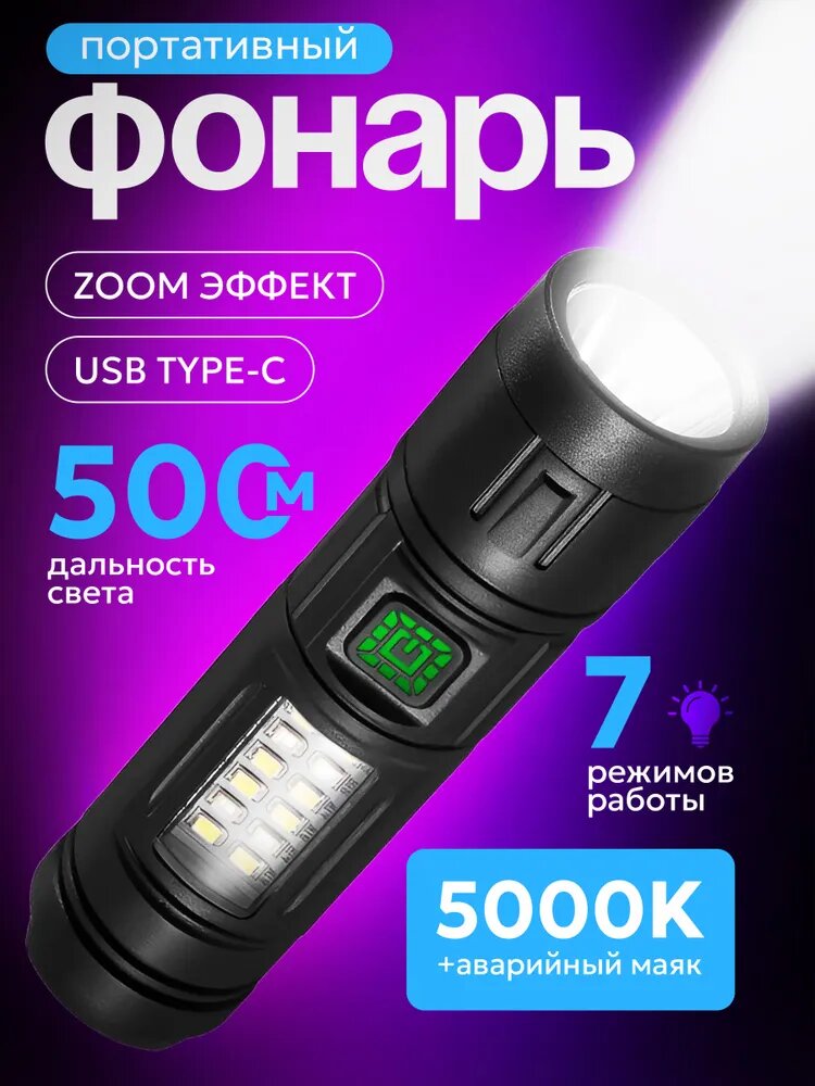 Ручной, аккумуляторный, спортивный фонарик с ZOOM эффектом и подсветкой