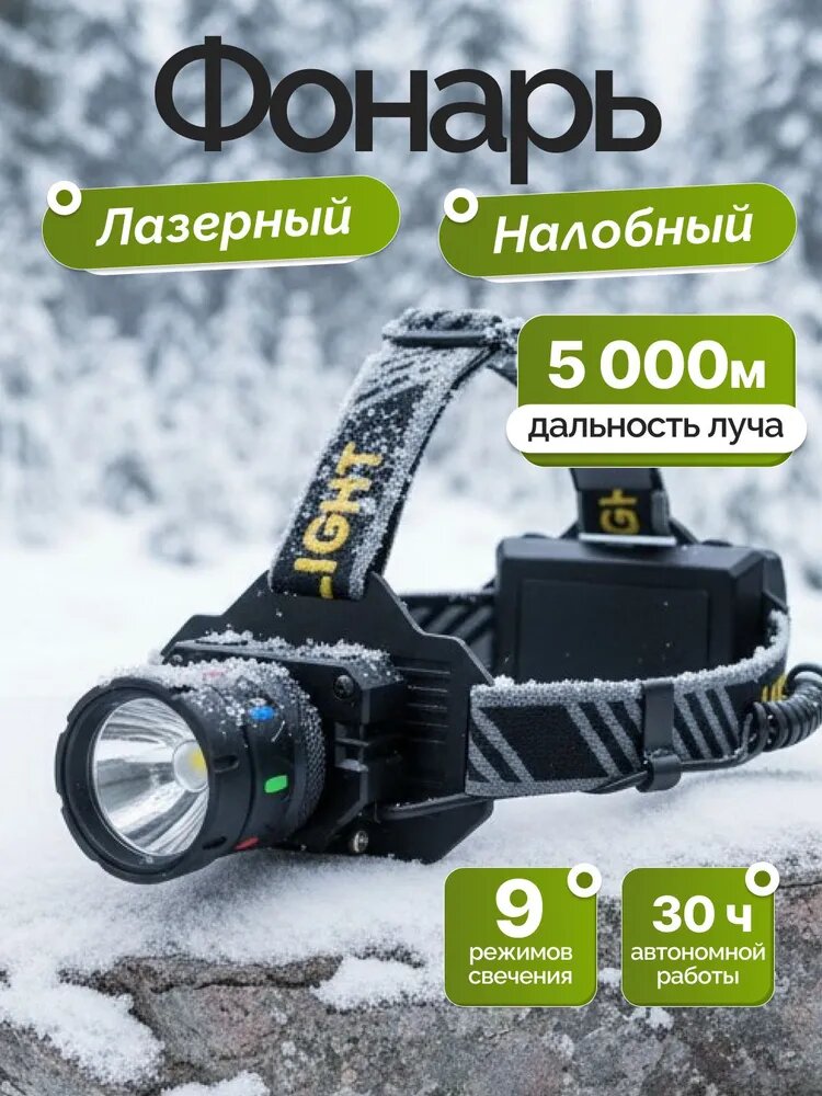 Фонарь-прожектор Налобный Лазерный 5000м дальность луча 9 режимов свечения 30ч автономной работы