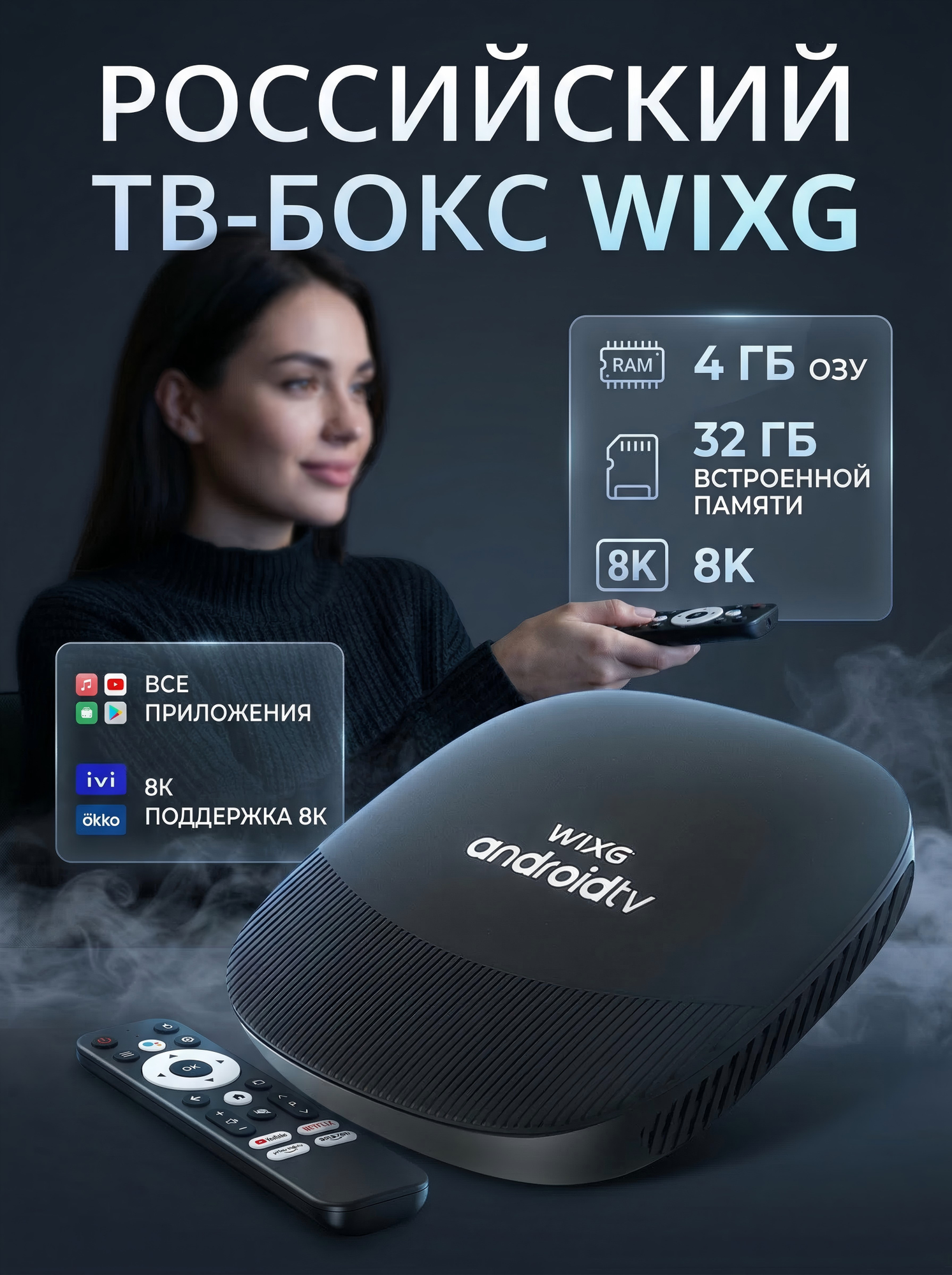 Медиаплеер Смарт ТВ приставка Android, 4ГБ/32 ГБ, Bluetooth, Wi-Fi, черный матовый