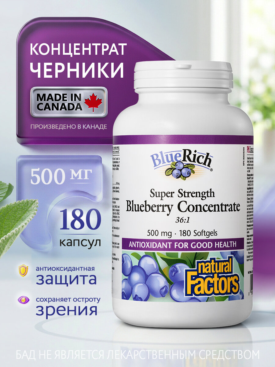 Natural Factors, Blueberry Concentrate BlueRich, супер эффективность, концентрат черники, 500 мг, 180 мягких таблеток