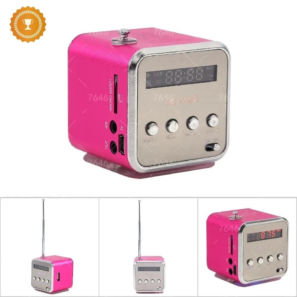 Портативная розовая магнитола TD-V26, MP3/FM/USB/SD, для дома и улицы