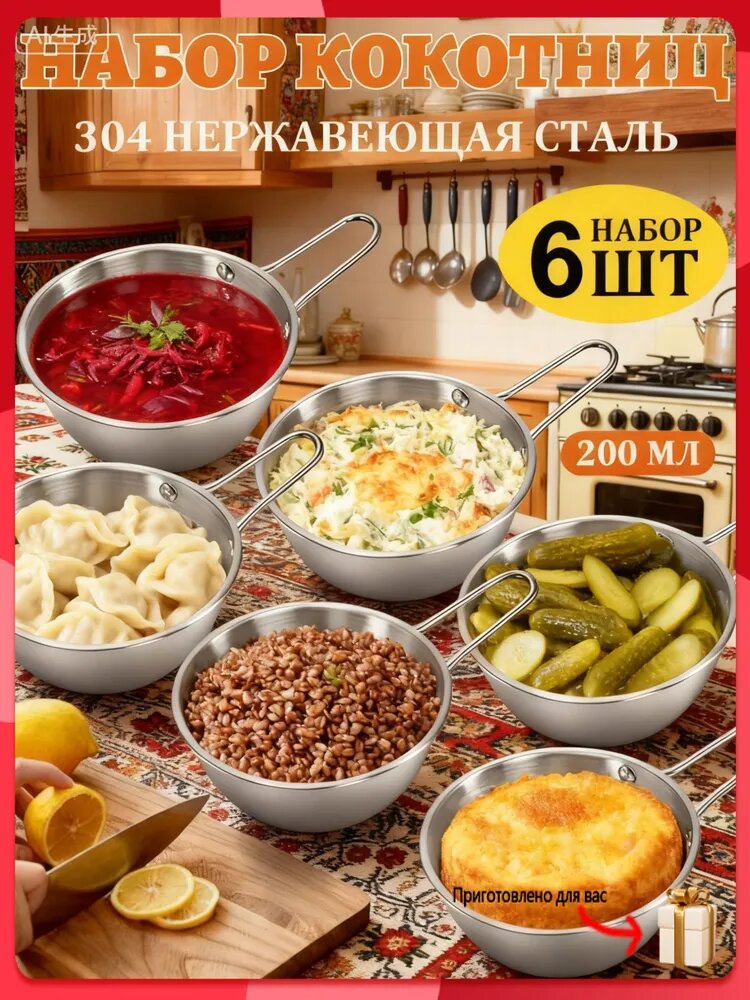 Набор кокотниц 6 шт из нержавеющей стали 304, объем 0.2 л, для духовки, для сервировки