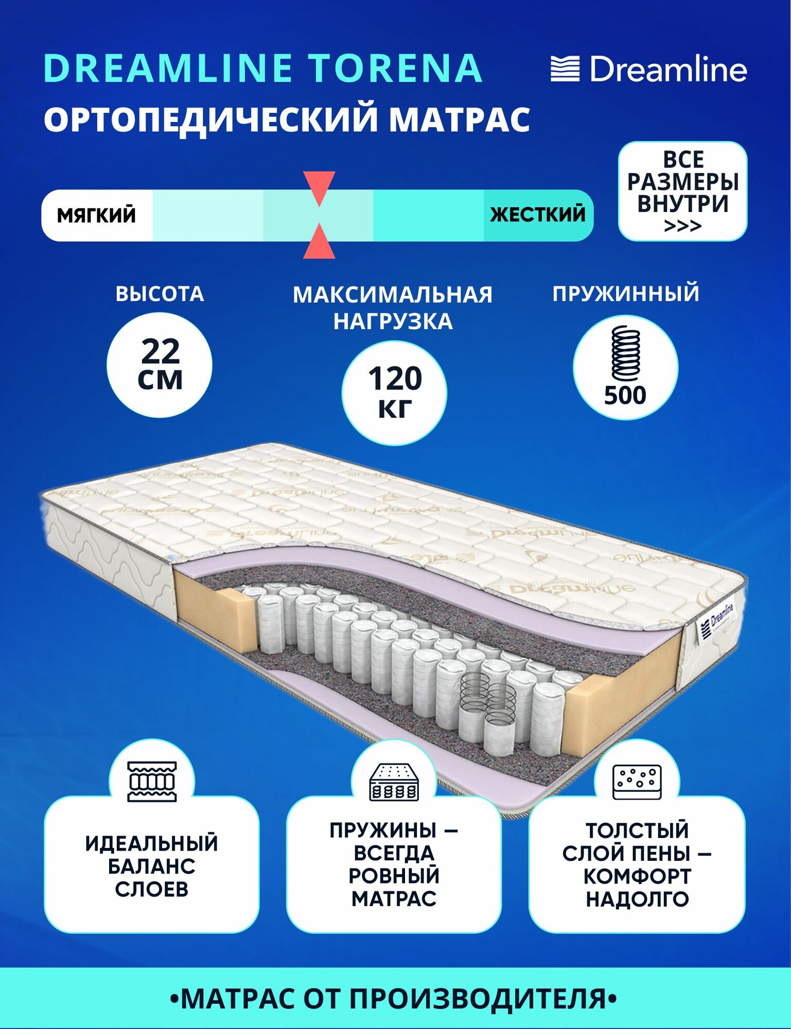 Матрас Dreamline Torena 165х190 серии Lux высота 22 см анатомический средней жесткости Независимые пружины