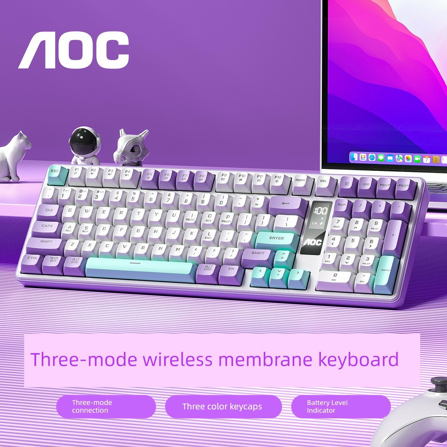 AOC-GK300 беспроводная клавиатура и мышь 99-клавишная, фиолетовая, Bluetooth, RGB-подсветка, с дисплеем