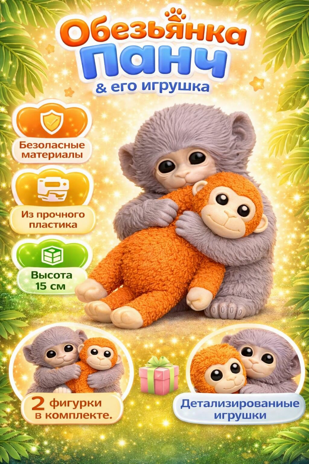 Фигурка Обезьянка Панч и его игрушка. Без покраски. 15 см