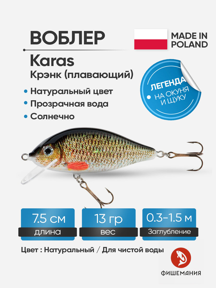Воблер для рыбалки Jaxon Karas 8 KZ плавающий 7,5 см 13 гр
