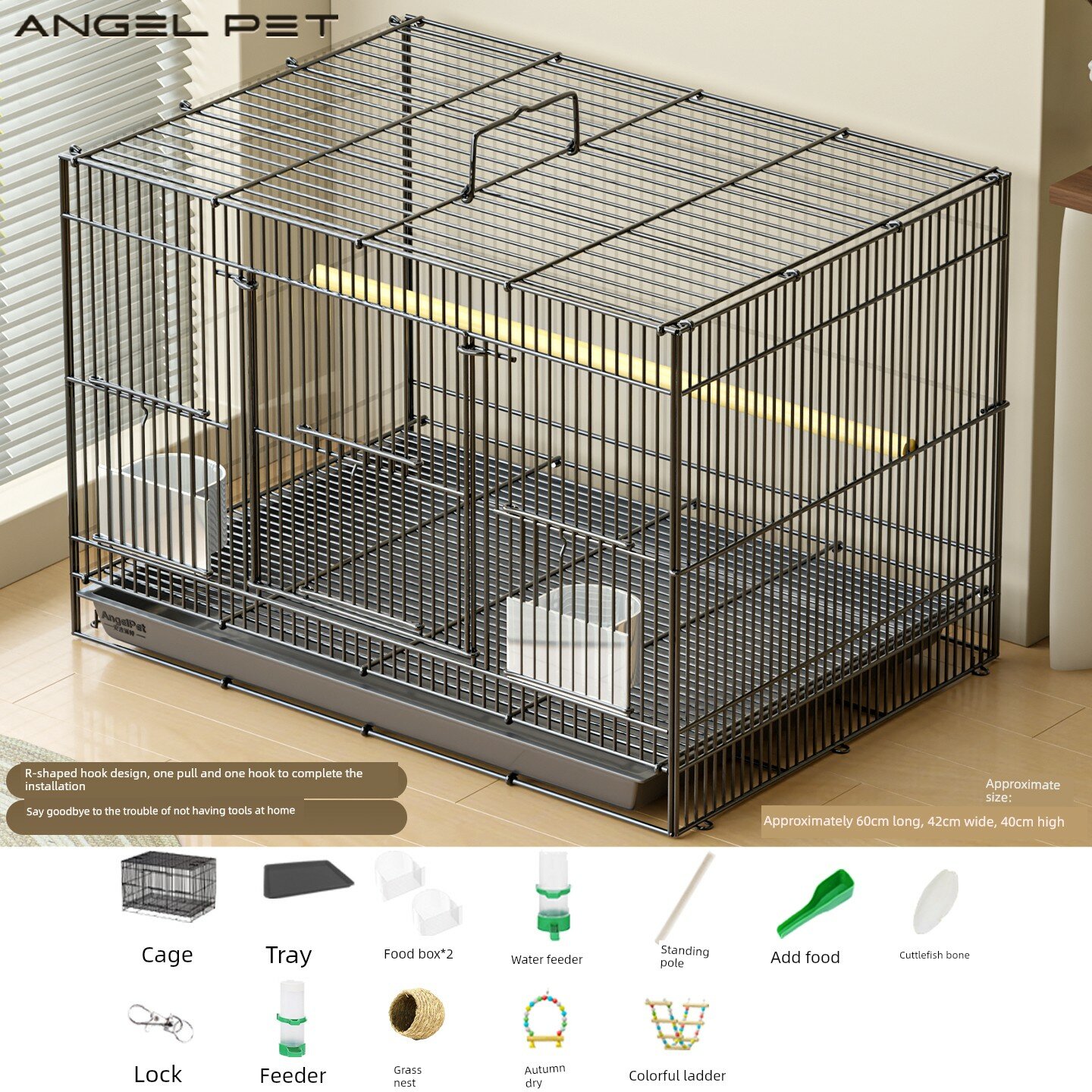 Сверхбольшая черная складная клетка для попугаев с комплектом из 13 предметов, без сборки