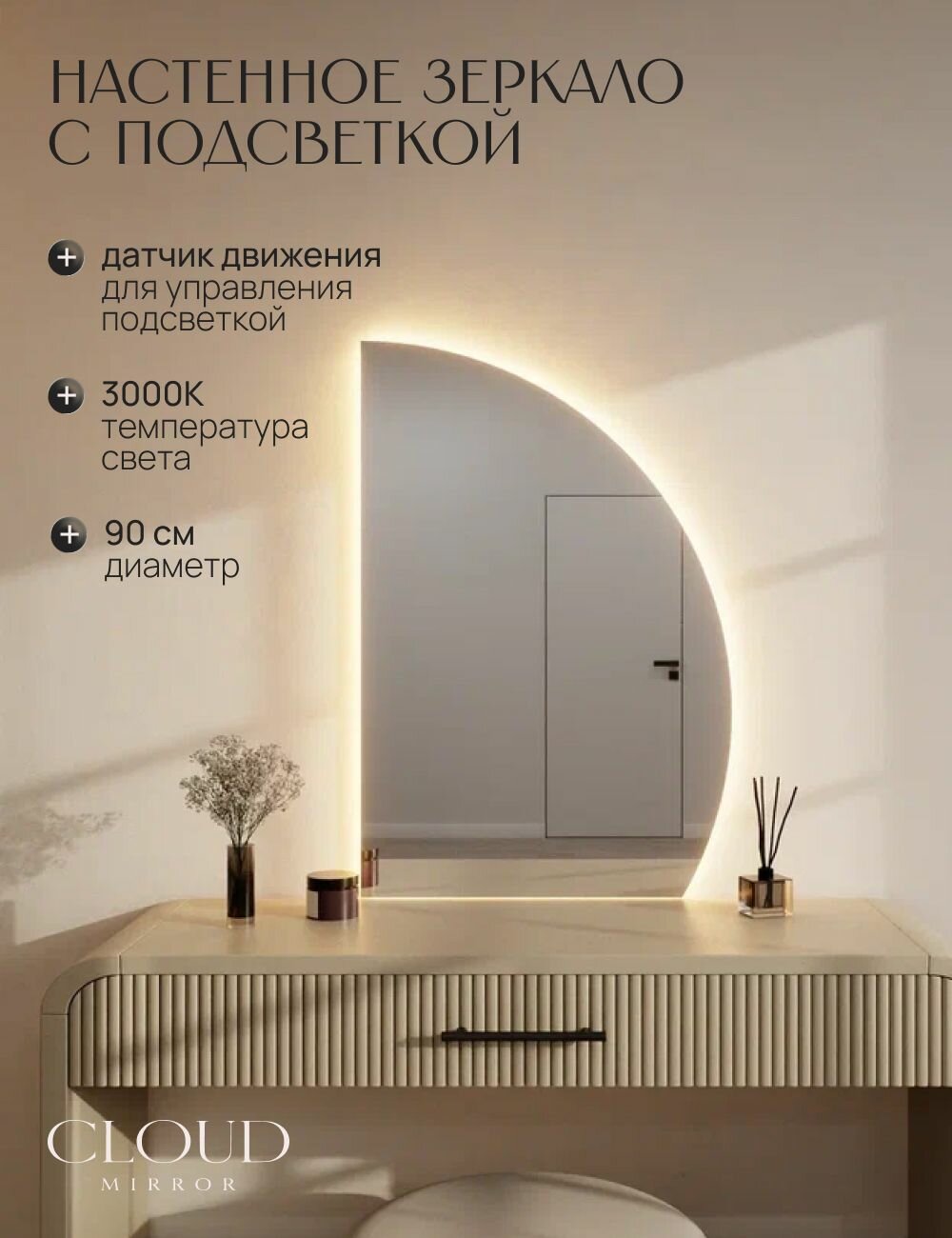 Зеркало настенное 90х60 см. CLOUD MIRROR М10 правая сторона фигурное с подсветкой теплый свет 3000К
