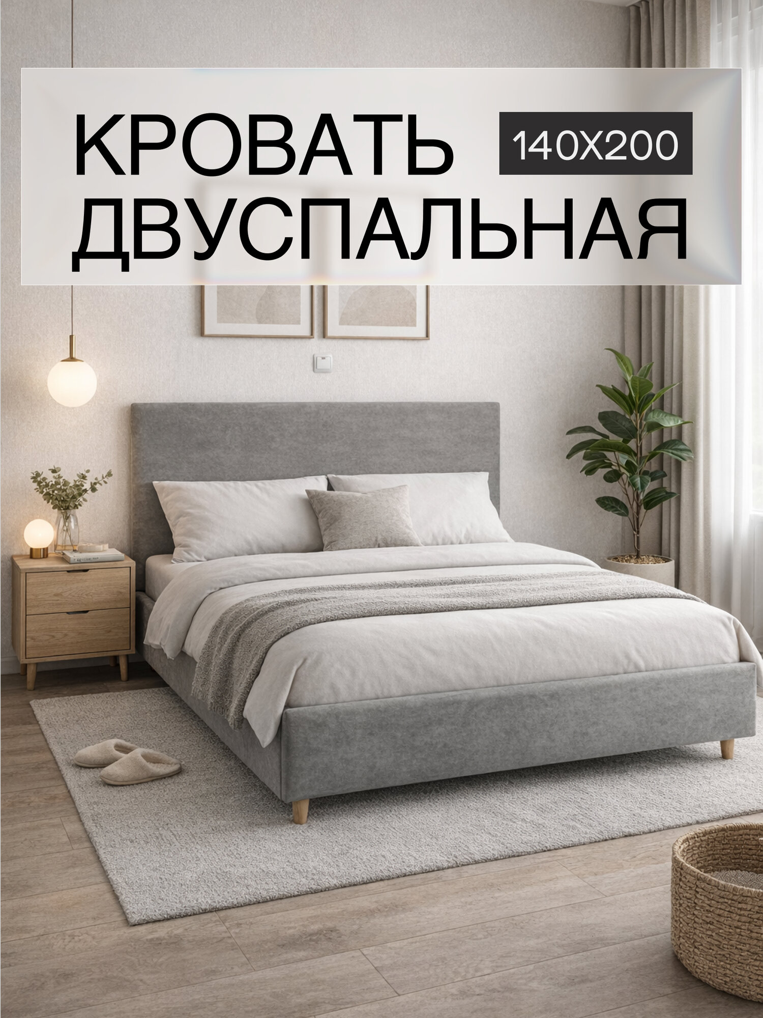 Кровать двуспальная 140х200 с мягким изголовьем, кровать мягкая интерьерная для спальни