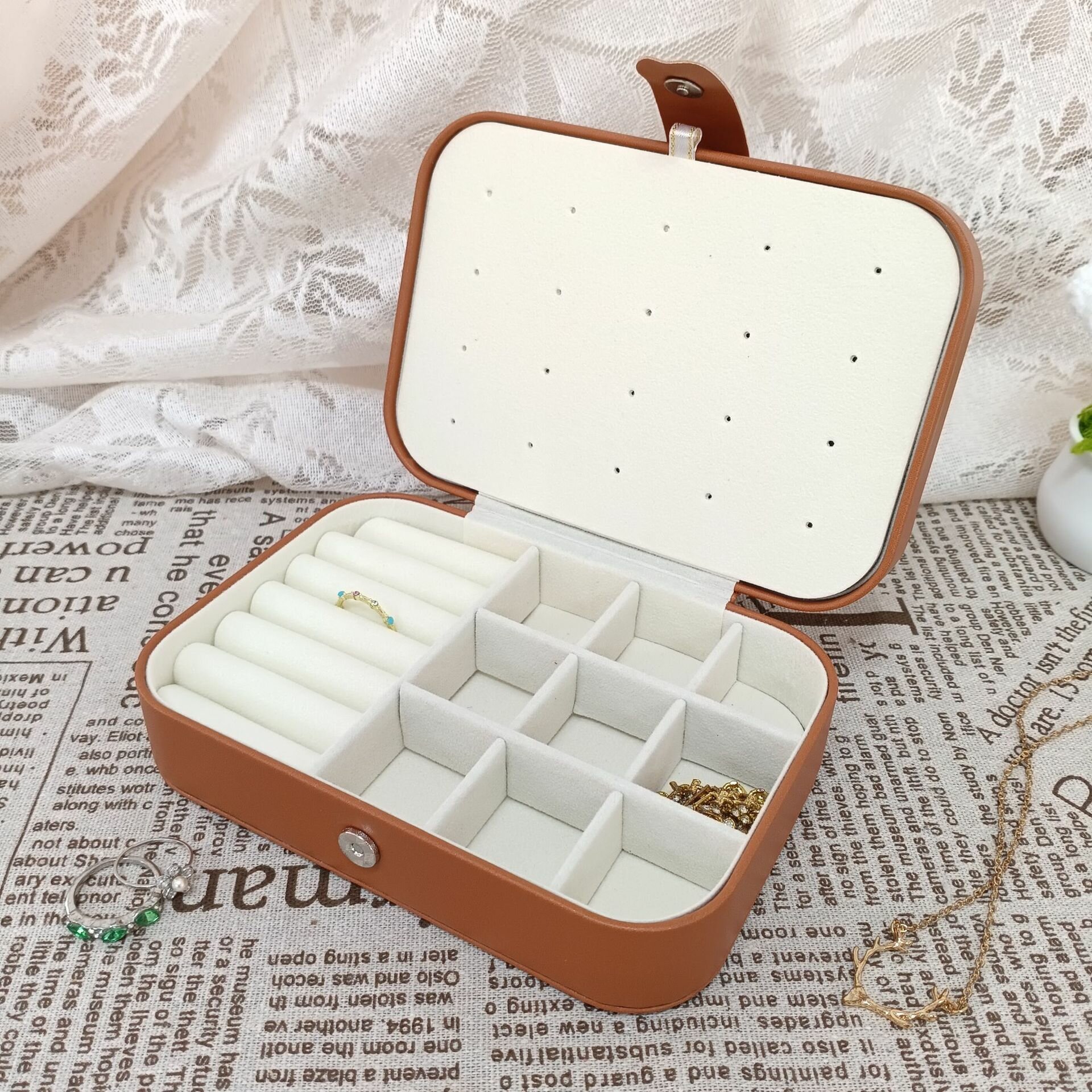 Кожаная подставка для серег из ПУ-кожи, компактный органайзер для ювелирных изделий, 16x11x5 см, цвет коричневый