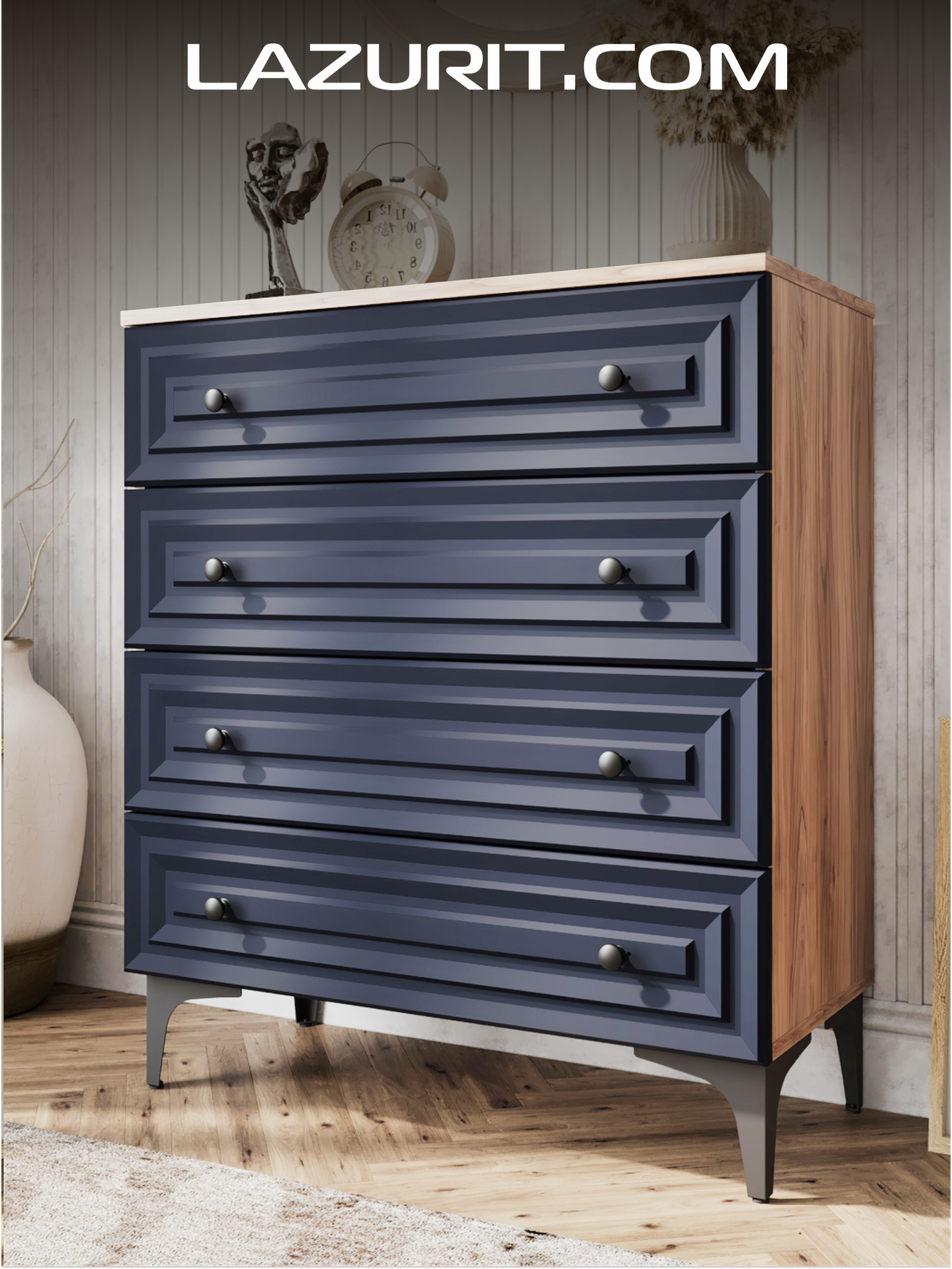 Комод для одежды большой с ящиками синий Lazurit Artnuvo под телевизор на ножках высокий узкий 75х87х35 ретро