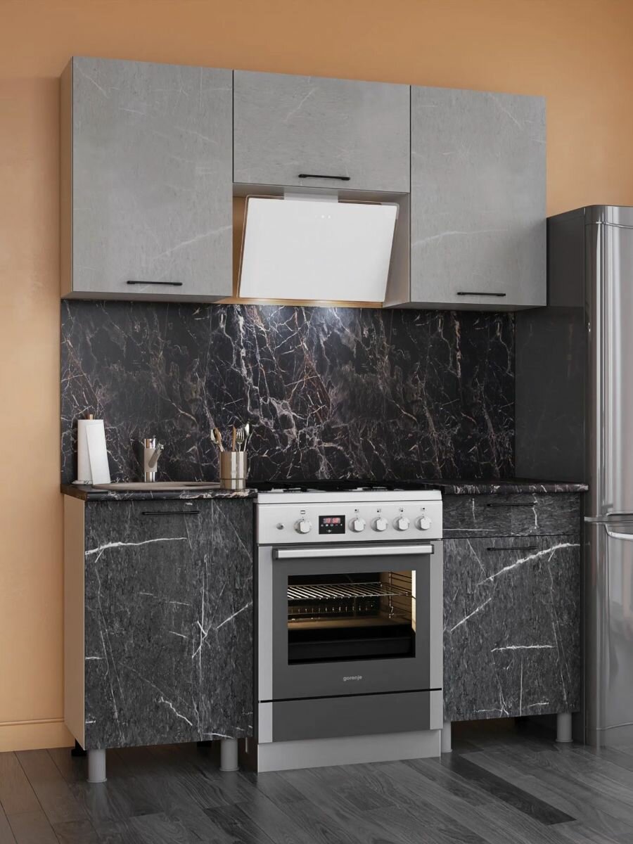 Кухонный гарнитур (кухня) Марбл 1.6 м с окапом, ЛДСП/МДФ, БелыйМрамор Лайт/Мрамор Дарк, 1600х2160х430, тэкс