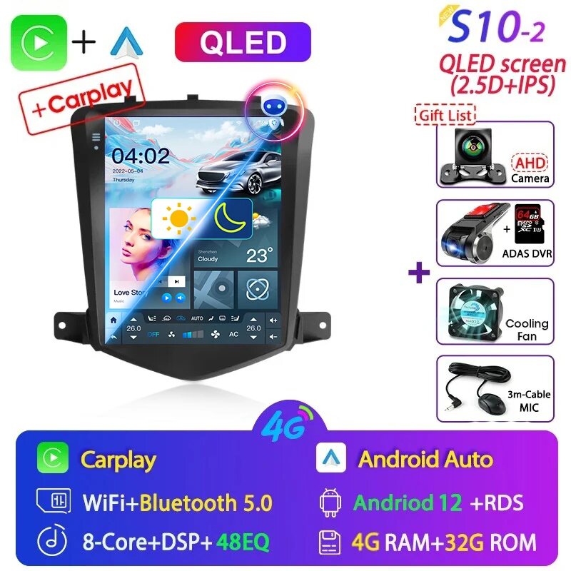 Srnubi 9,7 "Android 12 Carplay автомобильное радио для Chevrolet Cruze J300 S10-2 Camera-64G DVR