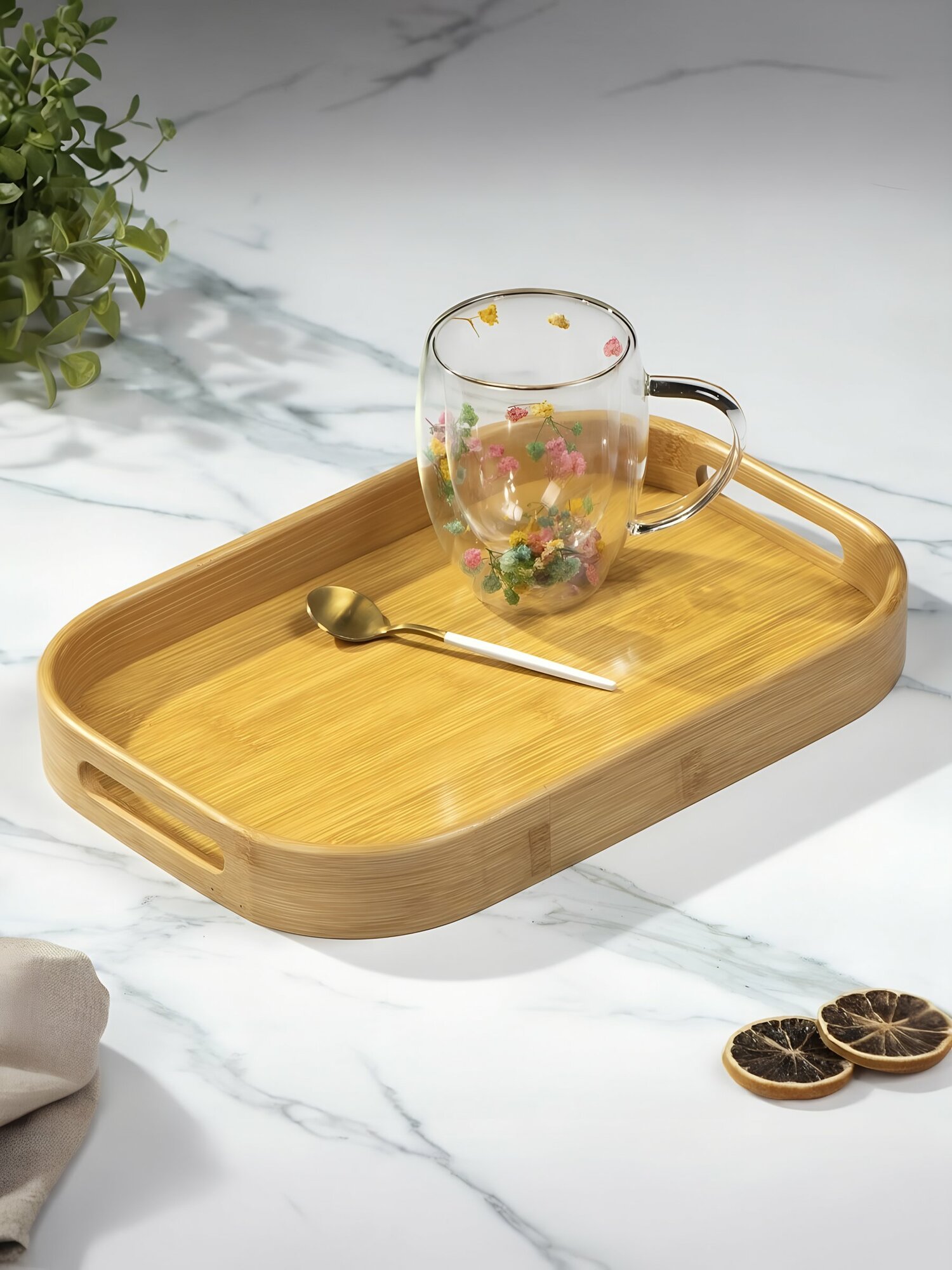 Поднос деревянный с ручками, прямоугольный, 33х22 см