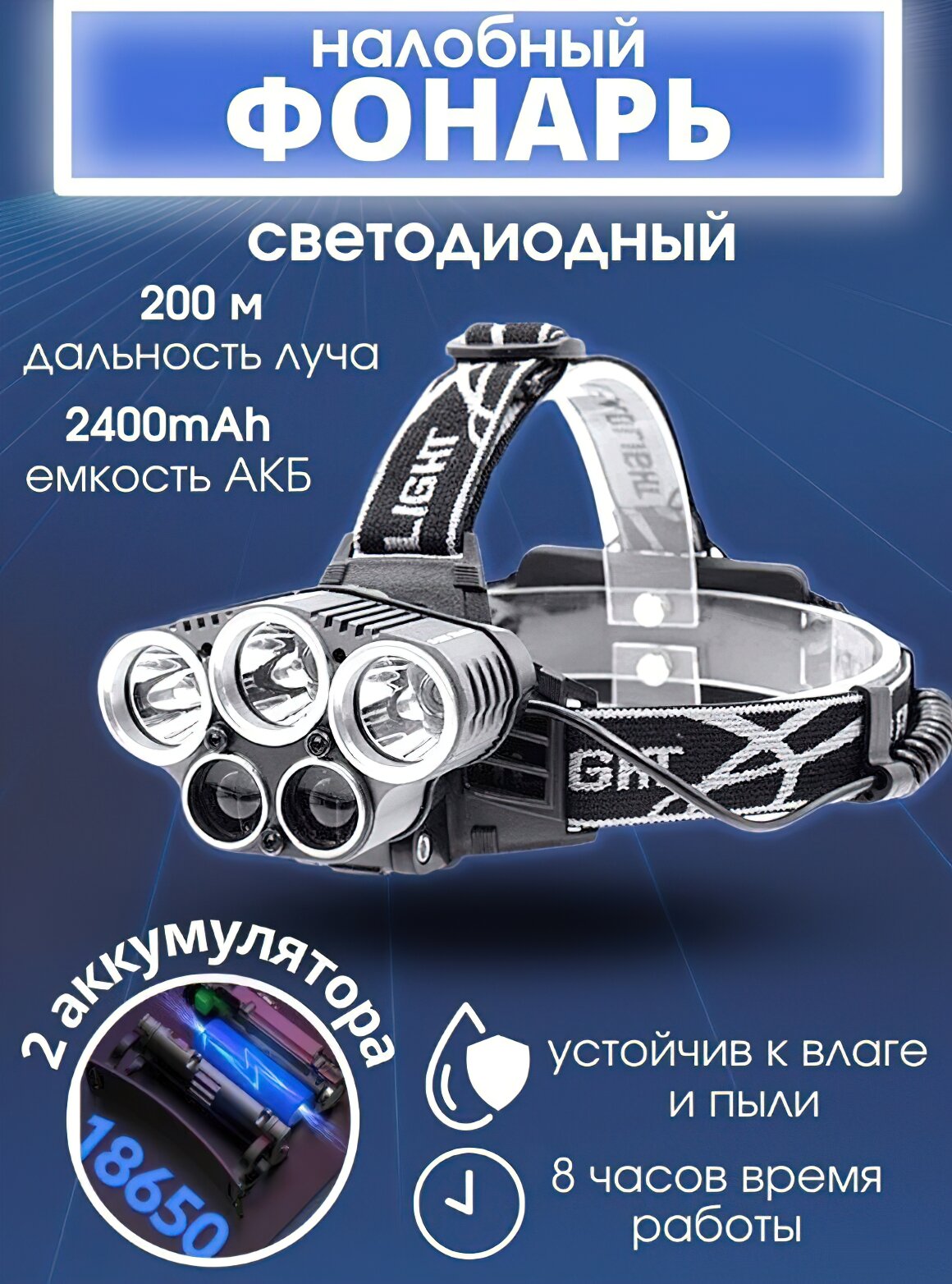 Налобный фонарь светодиодный с влагозащитой,/Аккумуляторный, LED, для рыбалки, охоты/с зарядкой от USB