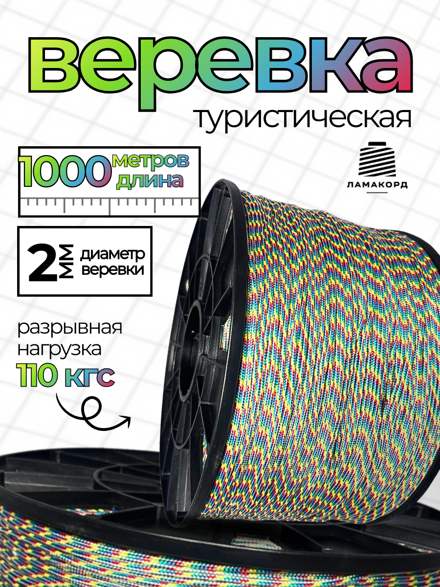 Веревка туристическая 2 мм 1000 м цветная. Шнур плетеный полипропиленовый с сердечником. Веревка бельевая