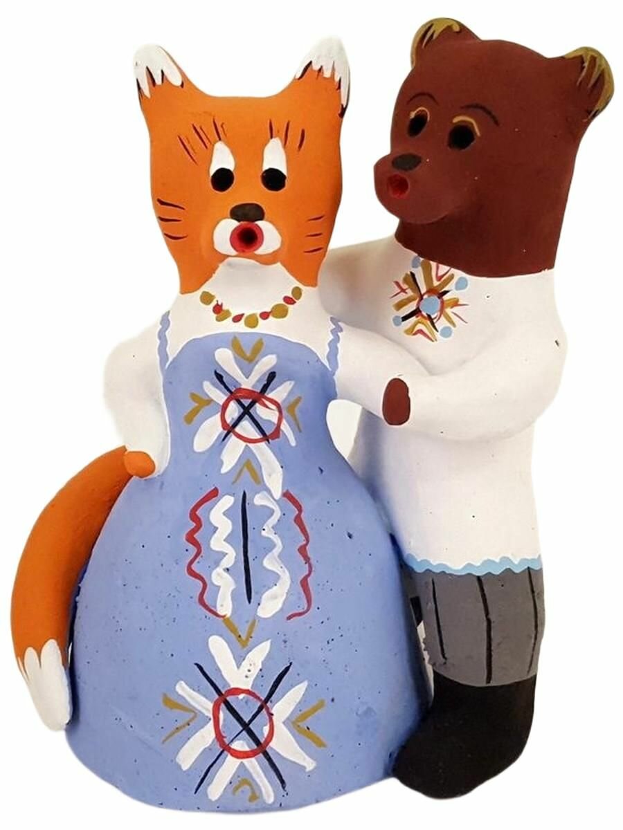 Медведь с лисичкой, Каргопольская глиняная игрушка, ручная авторская работа