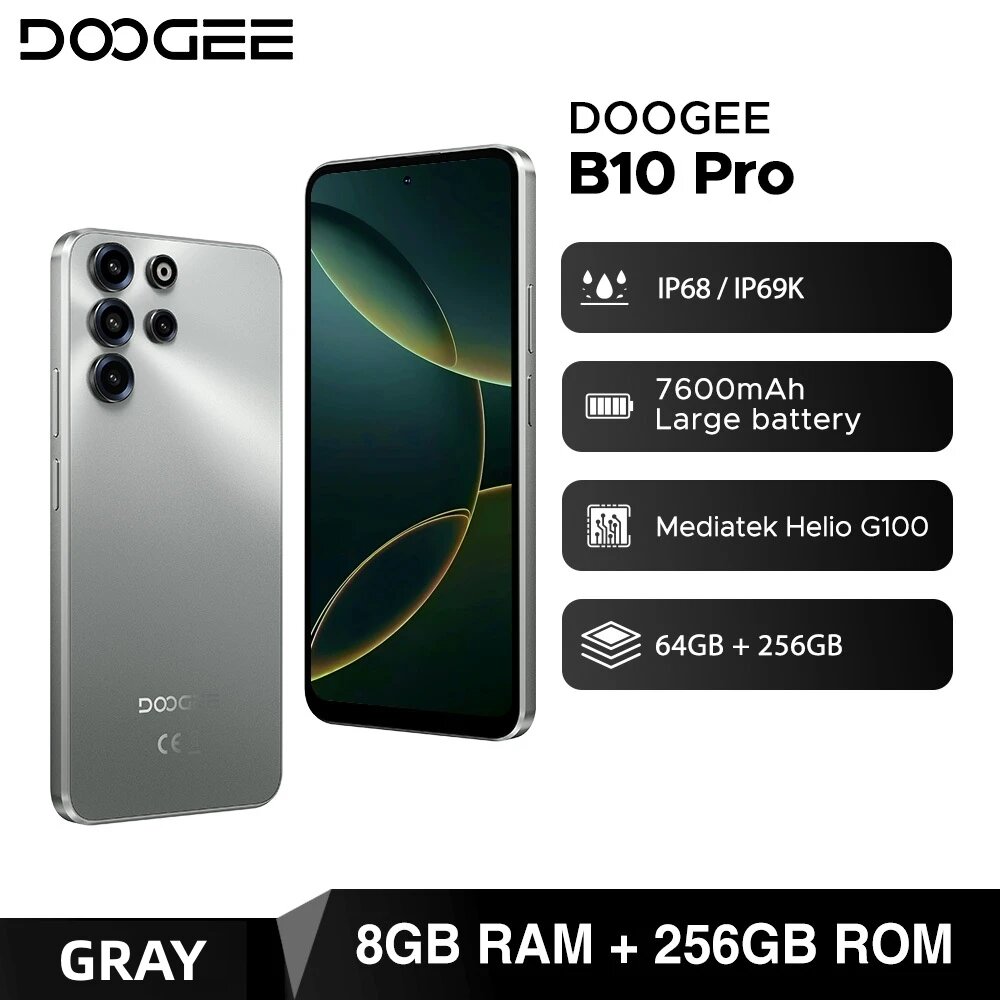 DOOGEE B10 Pro Gray, 8ГБ RAM + 256ГБ ROM, IP68/IP69K, Helio G100