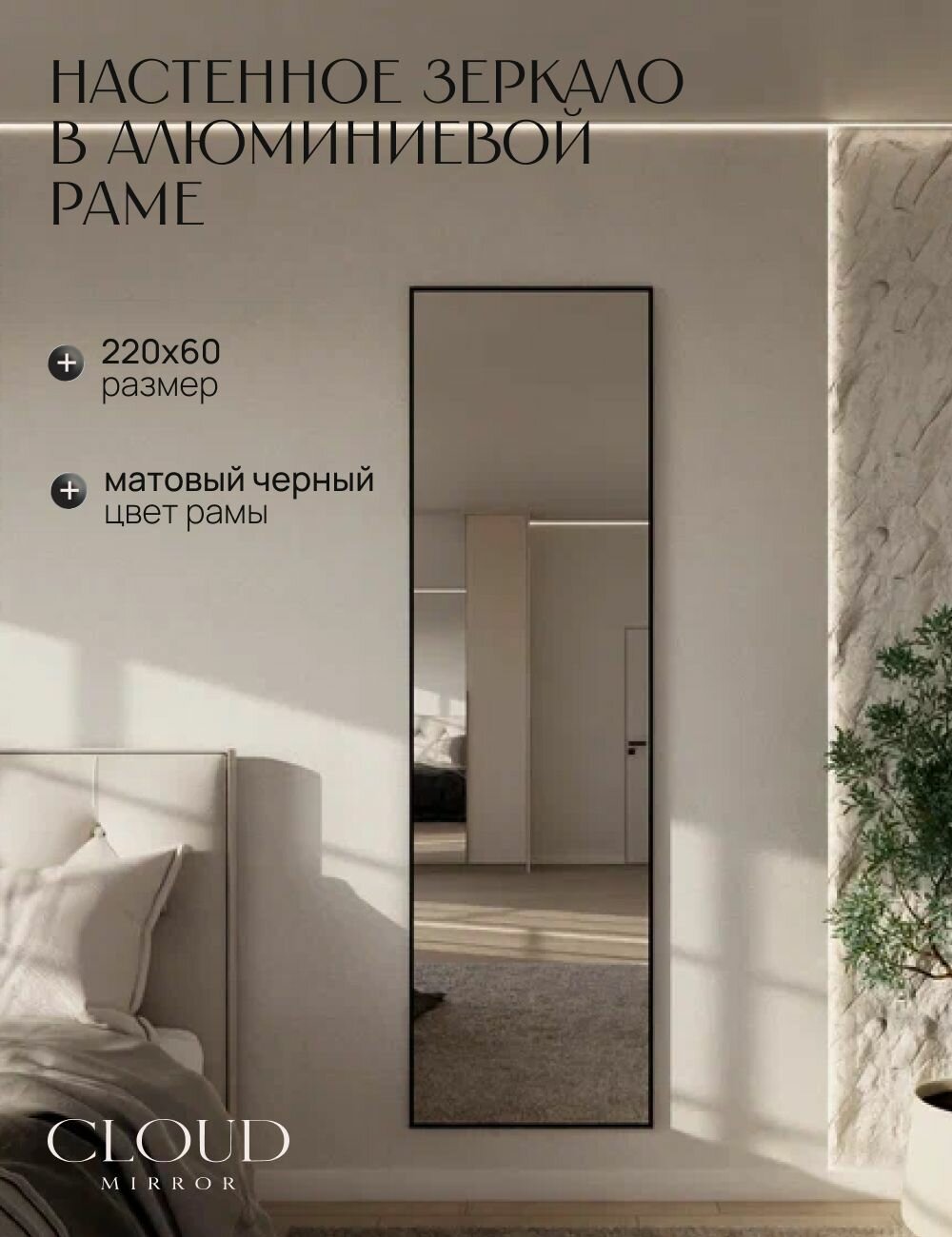 Зеркало настенное 220х60 см. черное в алюминиевой раме интерьерное CLOUD MIRROR