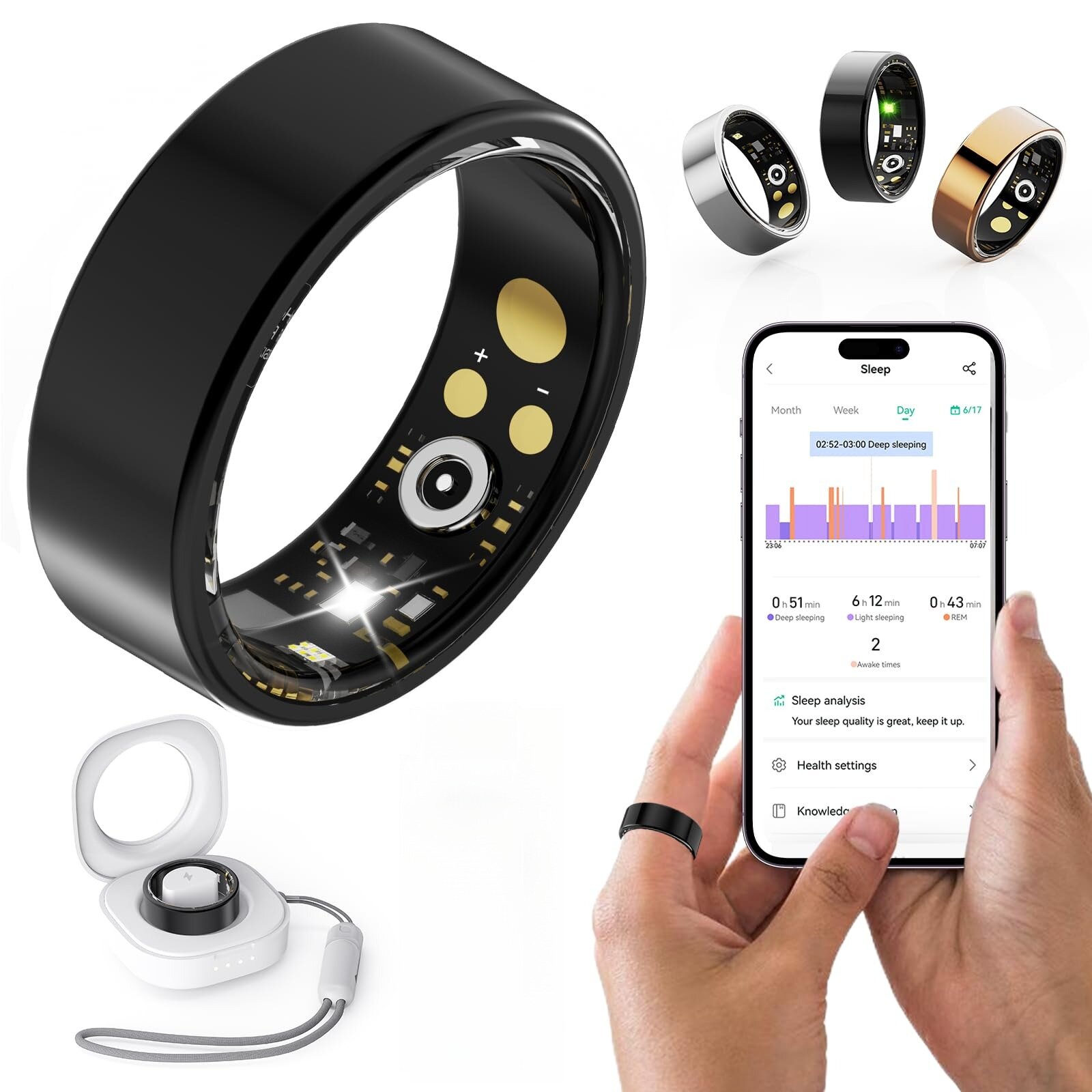 Умное кольцо JITE "Smart Ring", мониторинг пульса, давления, SpO2, шагомер, Bluetooth 5.2