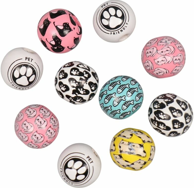 Бусины деревянные пришивные 16 мм "Кошачьи радости" для творчества, набор бусинок для рукоделия и украшений, бусинки с рисунком - 10 штук