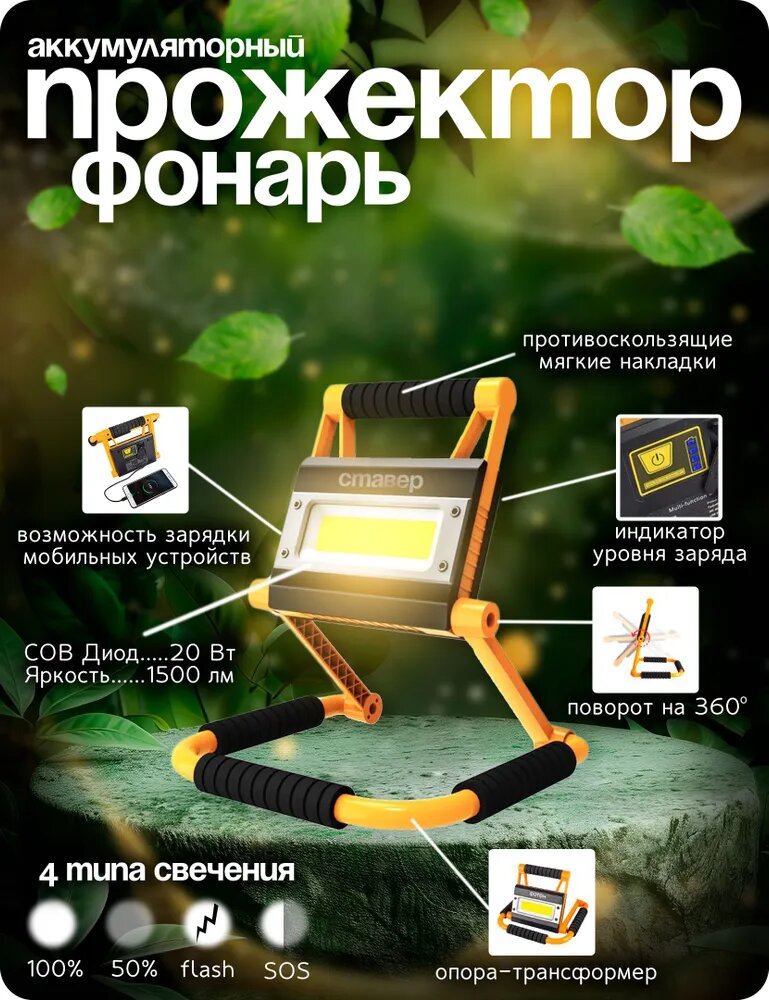 Фонарь-прожектор светодиодный складной переносной аккумуляторный 1500 Лм 20Вт желто-черный — фото 1