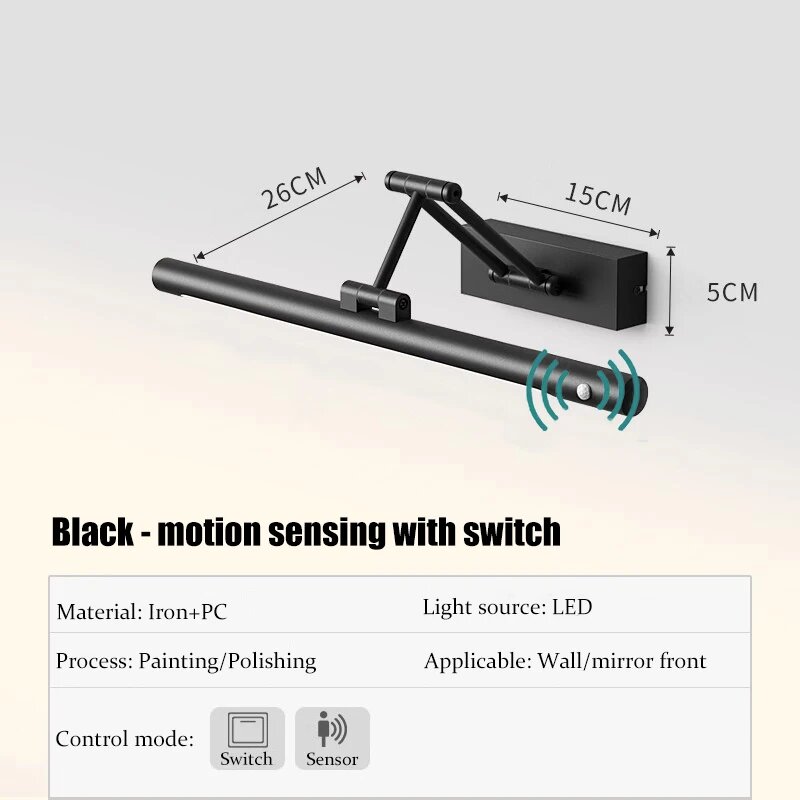 Светодиодное зеркало для ванной комнаты, передняя лампа Pir, датчик движения, зеркало для ванной комнаты, настенный светильник, регулируемый угол, длинная полоса, светильник для изображения