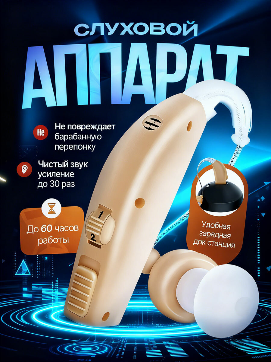 Накладной слуховой прибор с зарядным устройством для пожилых и взрослых