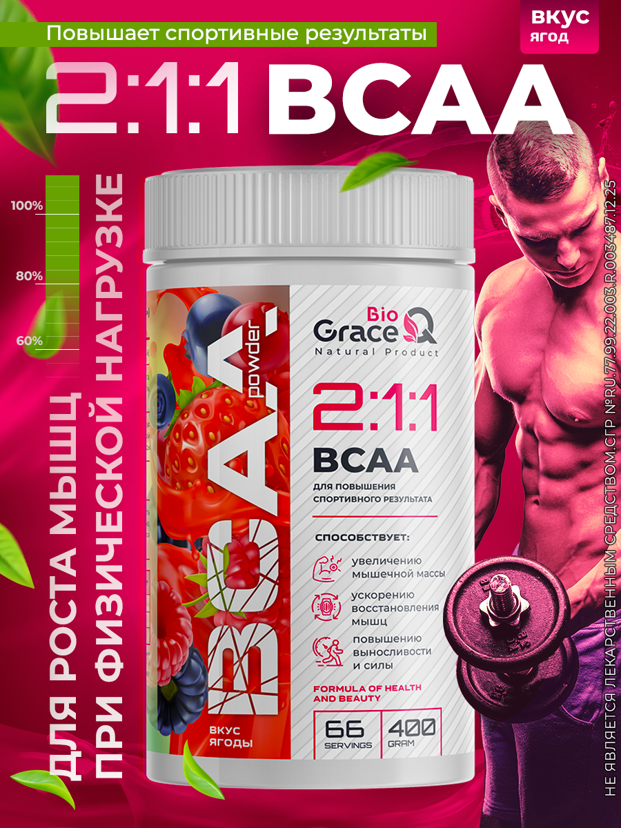 БЦАА порошок со вкусом Ягодный микс 400г, BCAA 2:1:1 аминокислоты / спортивное питание для набора массы и восстановления