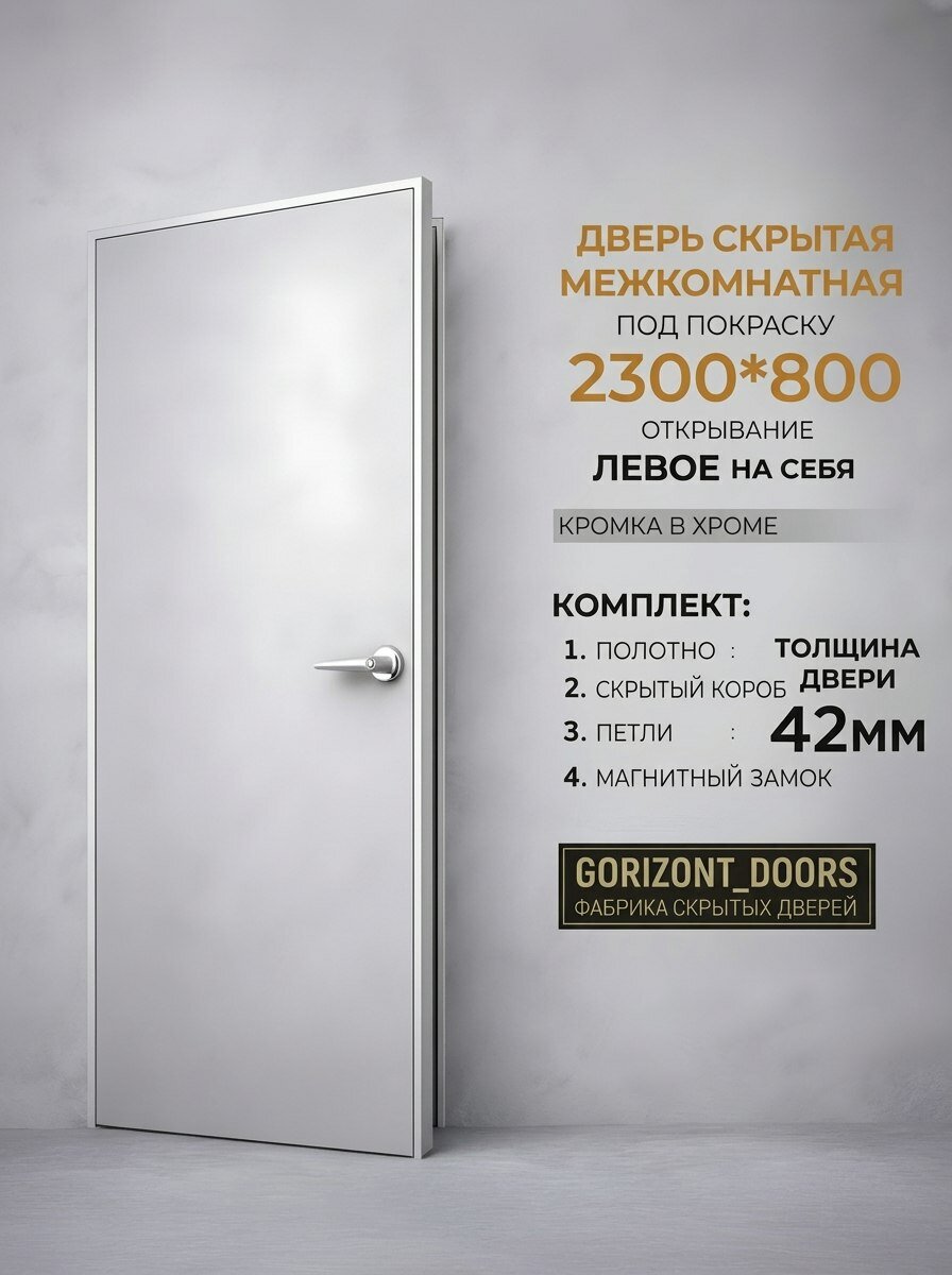 Скрытая межкомнатная дверь комплект INVISIBLE на себя, петли слева 800х2300 хром кромка
