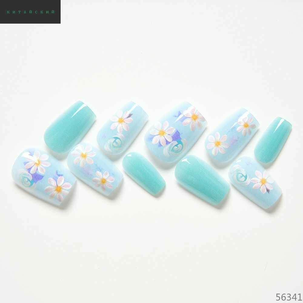 Короткие квадратные типсы с разноцветным цветочным узором, глянцевое покрытие, готовые накладные ногти с цветочным рисунком, набор для маникюра, который можно носить - 30 шт.11
