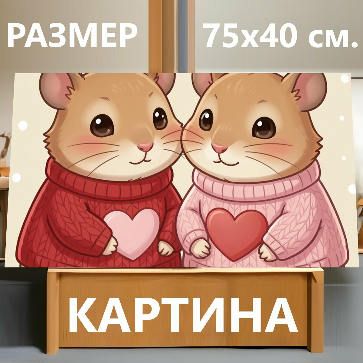 Картина на холсте "Две милые мышки с сердцами. Нежная мультяшная иллюстрация с парой пушистых грызунов в уютных вязаных свитерах, держащих." на подрамнике 75х40 см. для интерьера