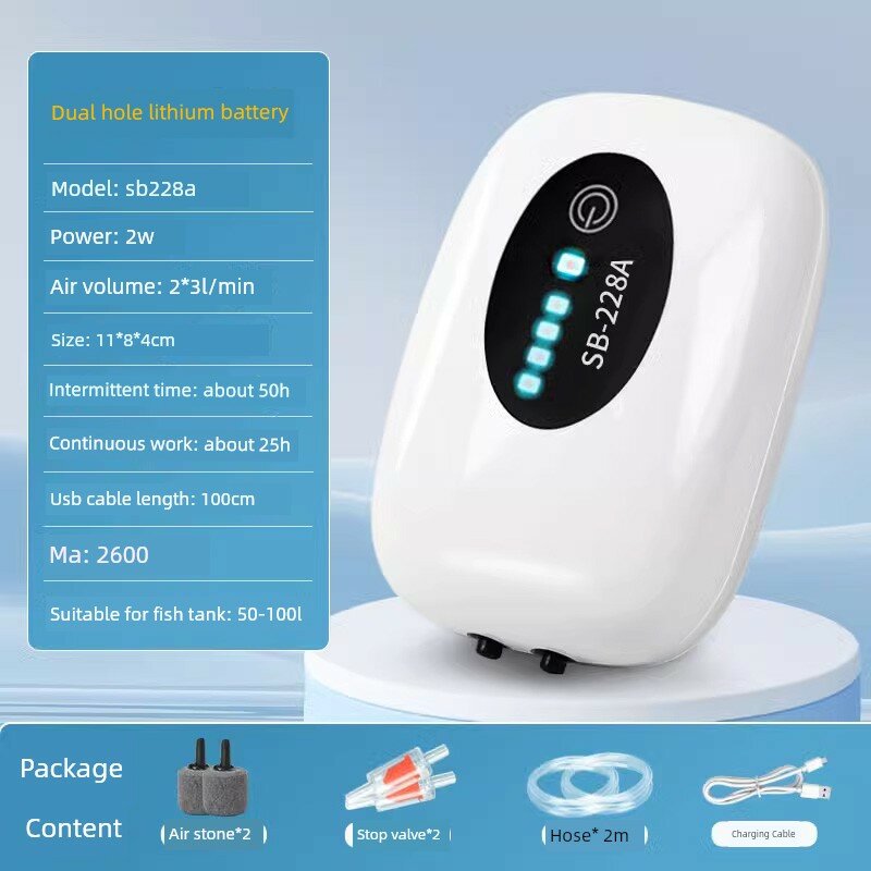 Двухдырочный кислородный насос, 50-часовая работа, двухрежимная система, компактный аэратор для аквариумов