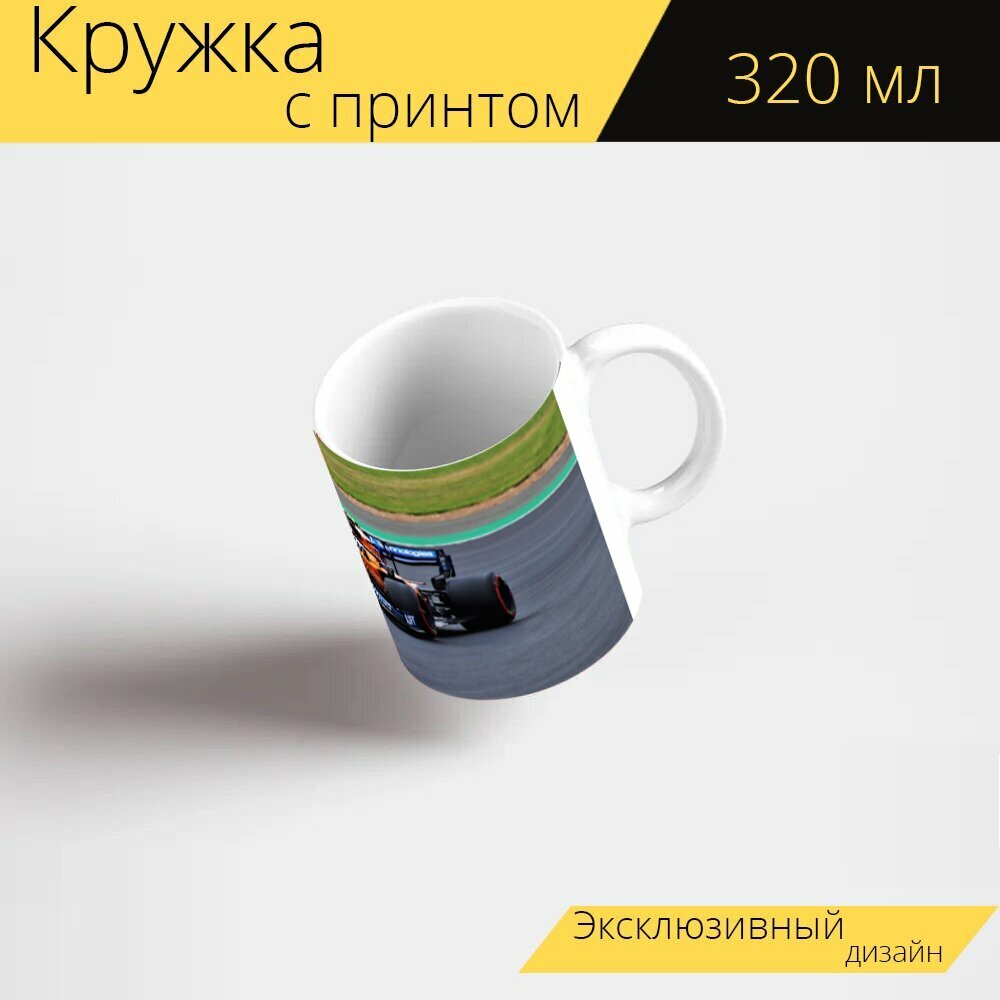Кружка с рисунком, принтом "Ландо Норрис F1 Ландо Норрис мчится за Маклареном в Формуле-1 в Великобритании Ландо Norris Макларен f1 формула один Сильверстоун гоночный." 320 мл.