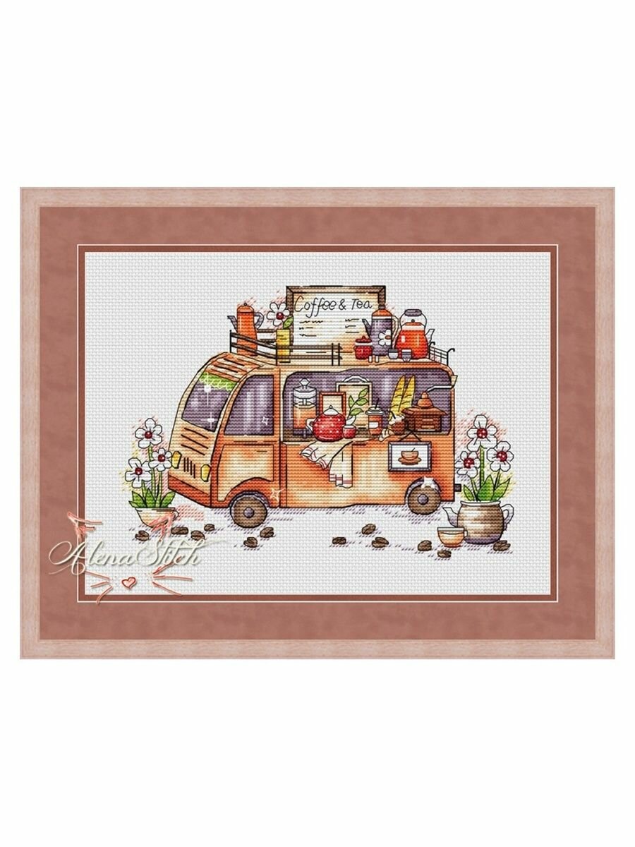 Набор для вышивания Amishop "Кофейная тележка", 121 x 83 стежка, 14CT Aida, 15 х 22 см, 30 цветов