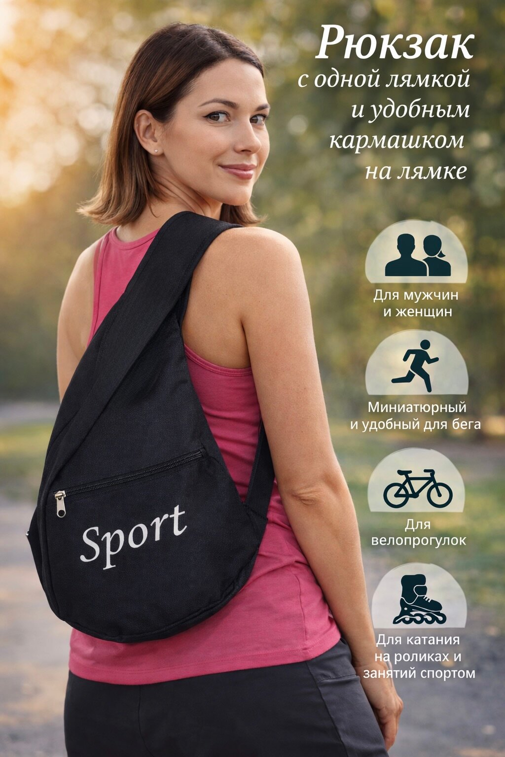 Рюкзак Randa, спортивный, на одно плечо, чёрный, с карманом, высота 35 см