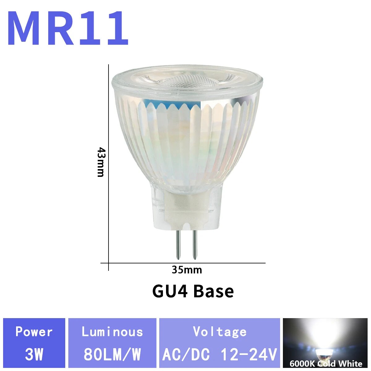 LED MR11 GU4 3Вт 6000K, 10 LED, 12-24В