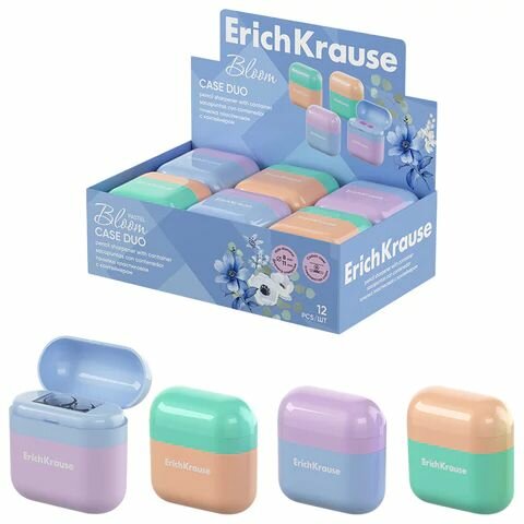 12 шт. Точилка ERICH KRAUSE "Case Duo Pastel Bloom", 2 отверстия, с контейнером, пластиковая, ассорти, 59989
