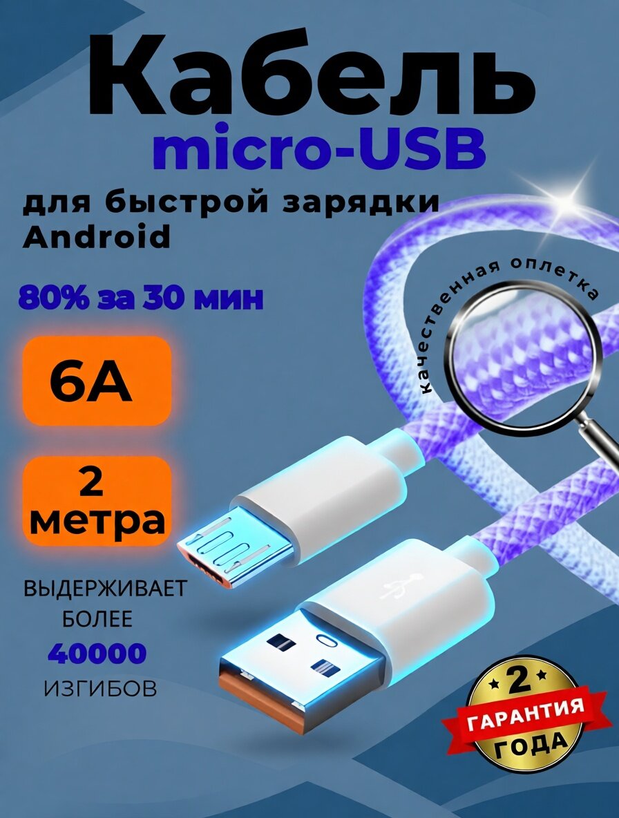 Кабель Micro USB с быстрой зарядкой для Android, 2 метрa, голубой , в нейлоновой оплетке