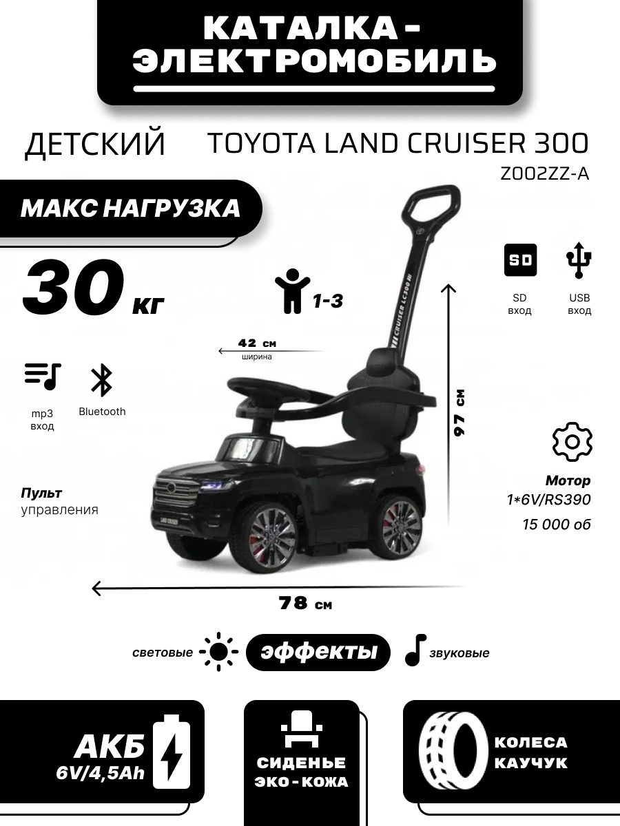 Детский толокар с мотором и пультом д. у. Toyota Land Cruiser 300 Z002ZZ-A черный