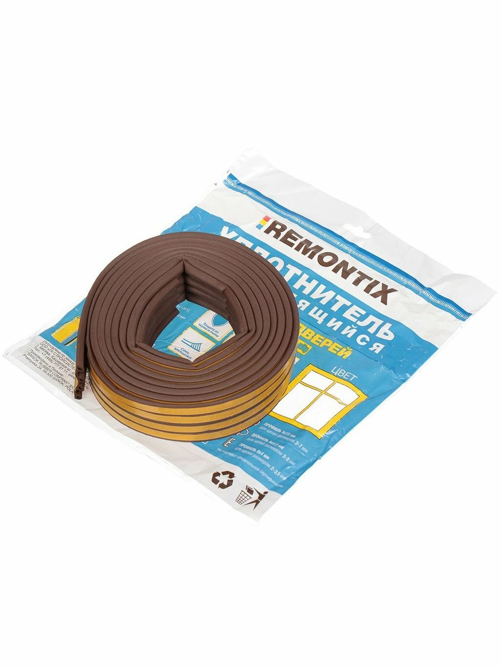 Уплотнитель Remontix P-профиль самоклеящийся 9х5.5 мм, 12 метров, коричневый для дверей и окон, артикул REMPВ00012