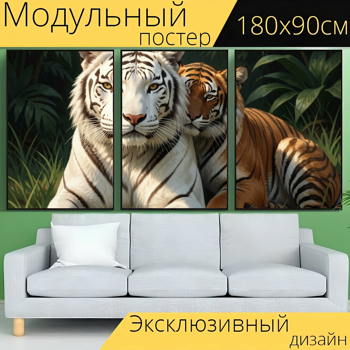 Модульный постер "Белый и рыжий тигры в джунглях. Пара крупных хищных кошек среди тропической зелени: альбинос с полосами и." 180 x 90 см. для интерьера на стену в тубусе