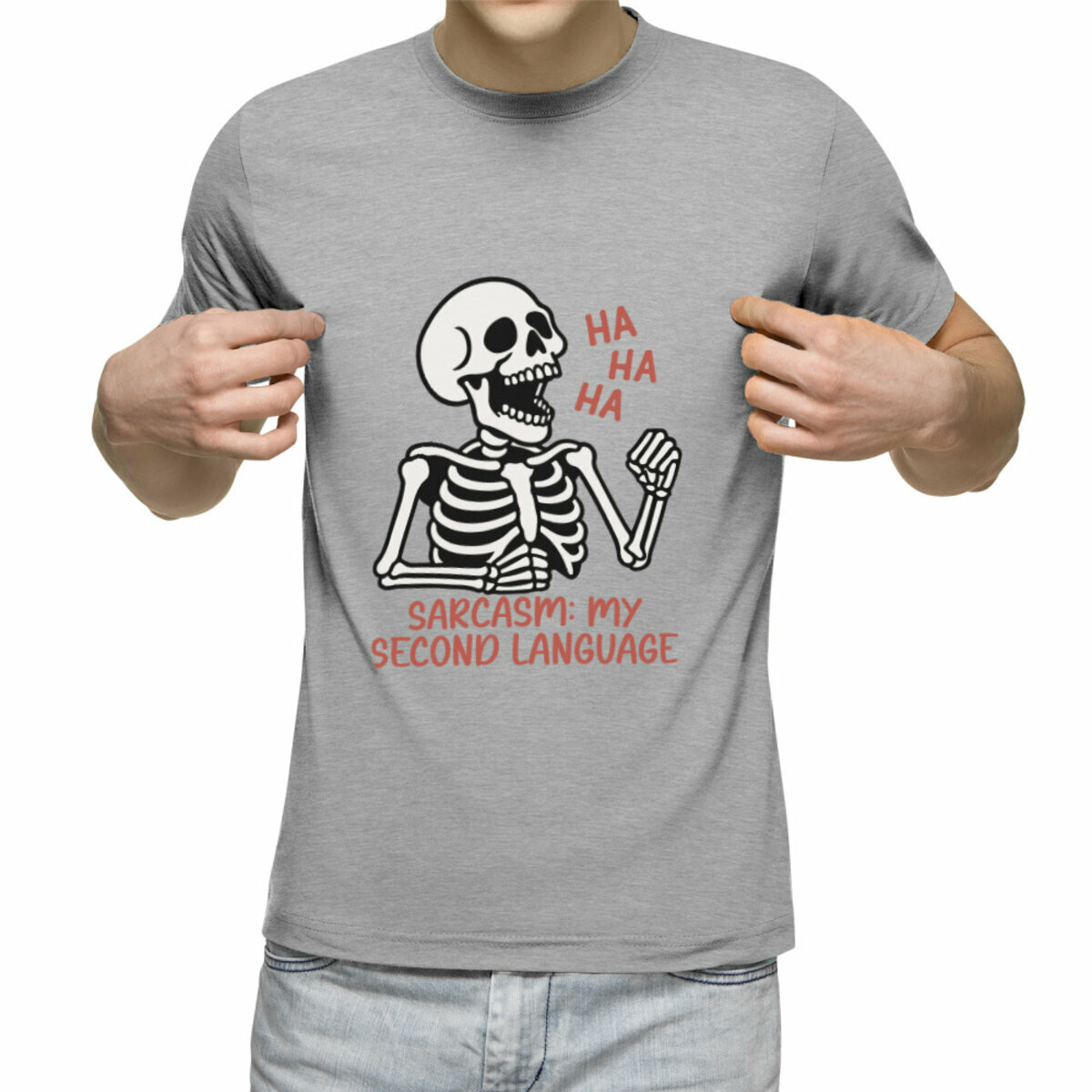 Мужская футболка «Скелет смеётся: Sarcasm my lang» (серый меланж, L)
