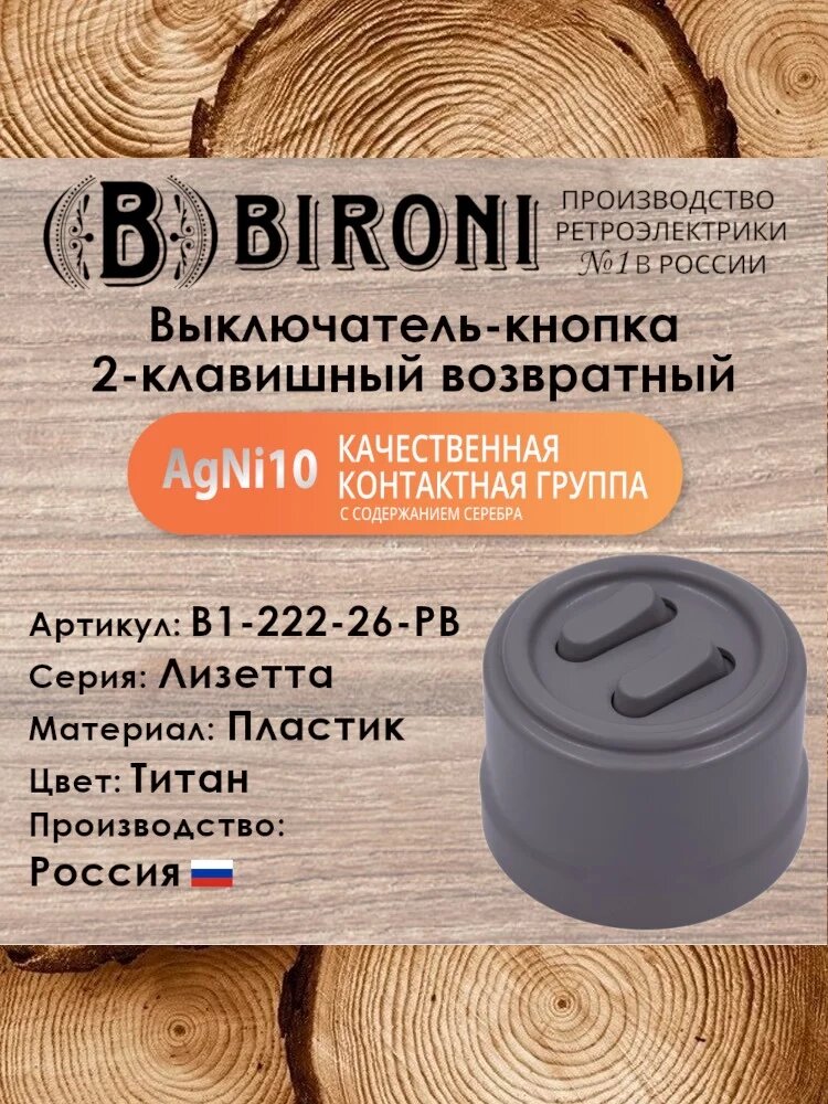 Выключатель-кнопка возвратный 2-клавишный BIRONI Лизетта, пластик, цвет Титан, клавишный